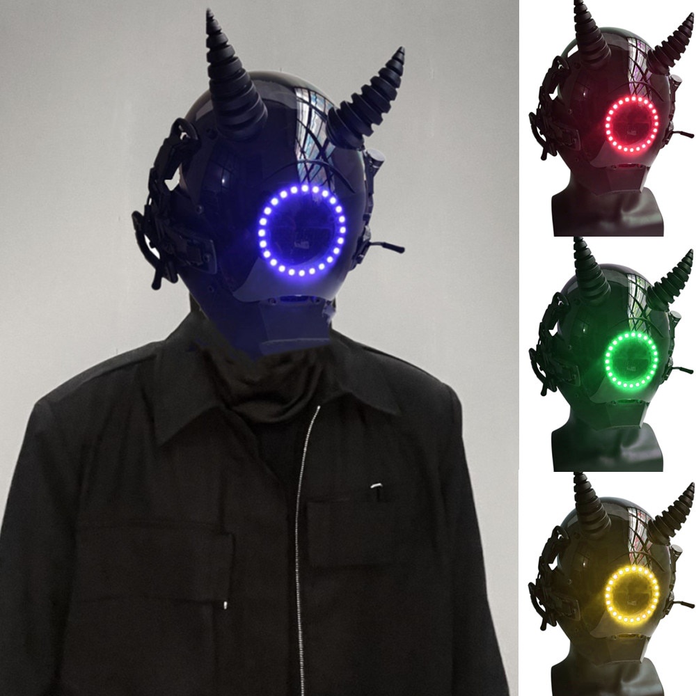 Colored LED Lights Cyberpunk Mask with Devil Horns Futuristic Techwear ...