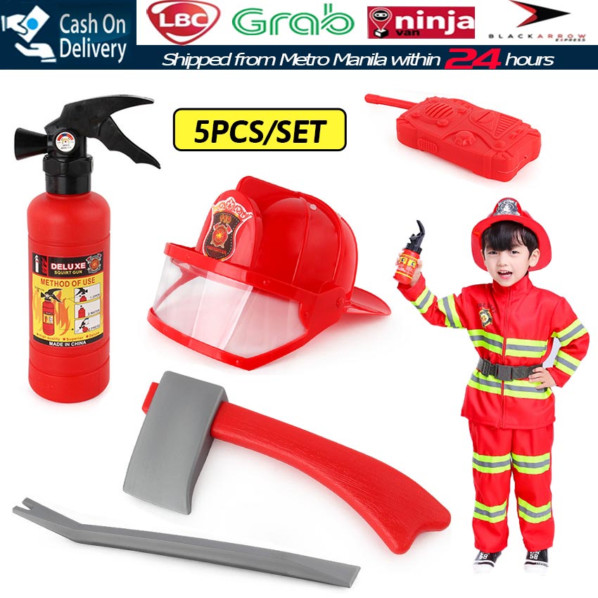♚Fireman Cosplay Toy Kit for Kids Helmet Fire Extinguisher Tool Role ...