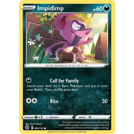 Pokemon TCG Impidimp 092/172 Brilliant Stars Common Non Holo | Shopee ...