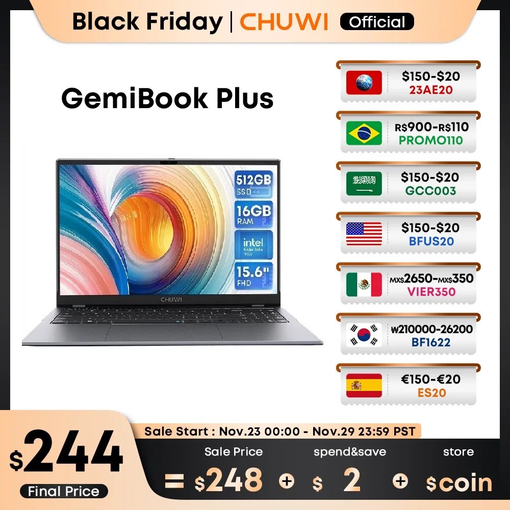 CHUWI GemiBook Plus 15.6'' Laptop 16GB RAM 512GB SSD Computer Windows ...