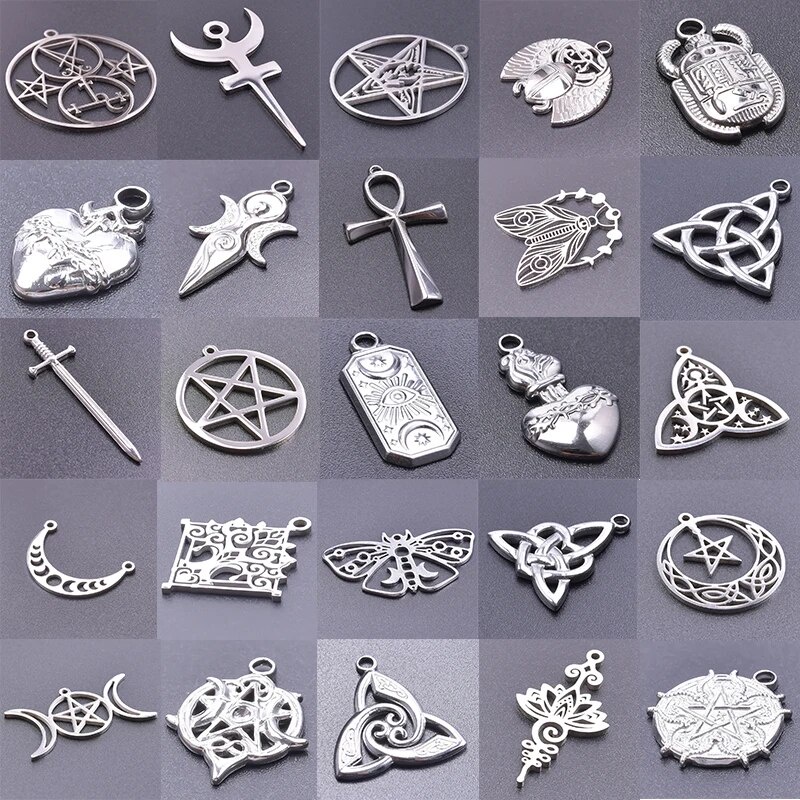 유5Pcs/Lot Stainless Steel Sigil of Demon Satan Witch Knot Moon Star ...