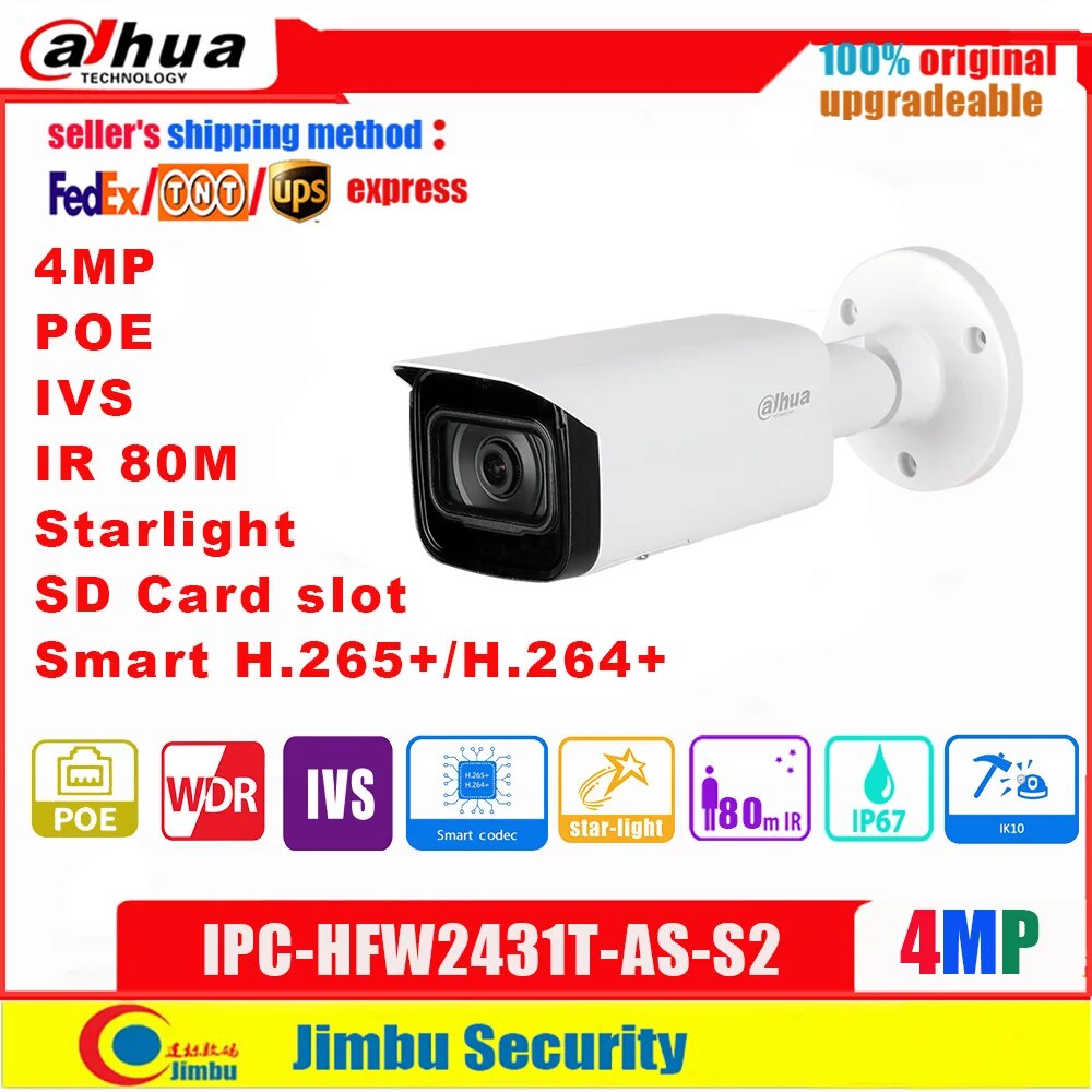 415 DAHUA Original 4MP IP Camera POE IPC-HFW2431T-AS-S2 Built-in Mic IR ...