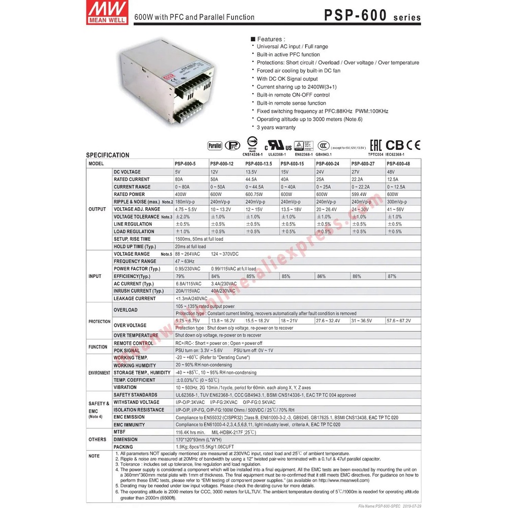 Mean Well PSP-600-24 meanwell 24VDC/25A/600W with PFC and Parallel ...