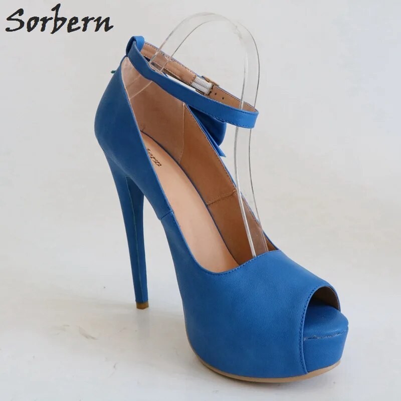 41b Sorbern Blue Peep Toe Ankle Strap Women Pumps Bowknot Platform High ...