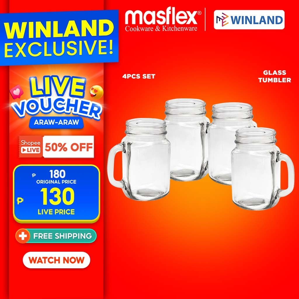 Masflex by Winland 450ml Glass 4 piece Glass Tumbler with Handle QG-095 ...