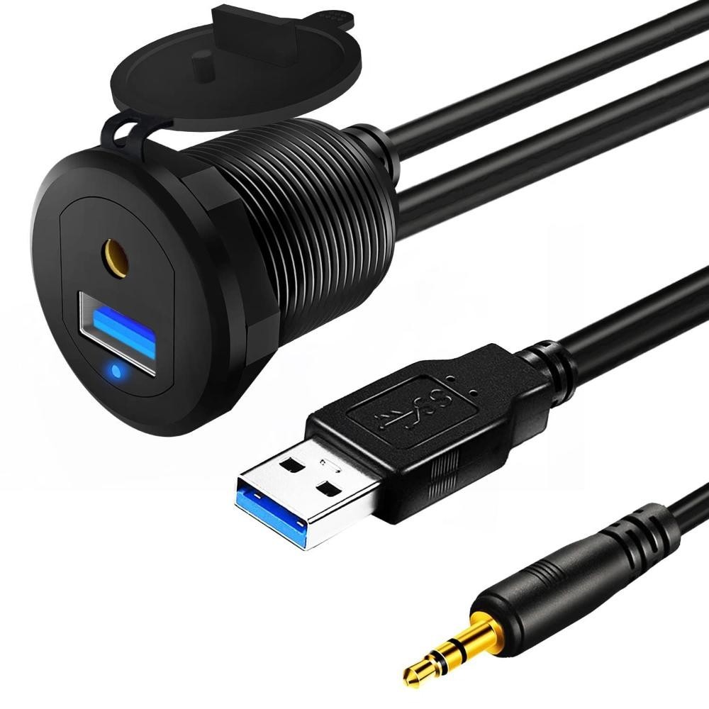 USB 3.0 AUX 3.5mm Port Car Mount Flush Cable LED Indicator Dash Panel ...