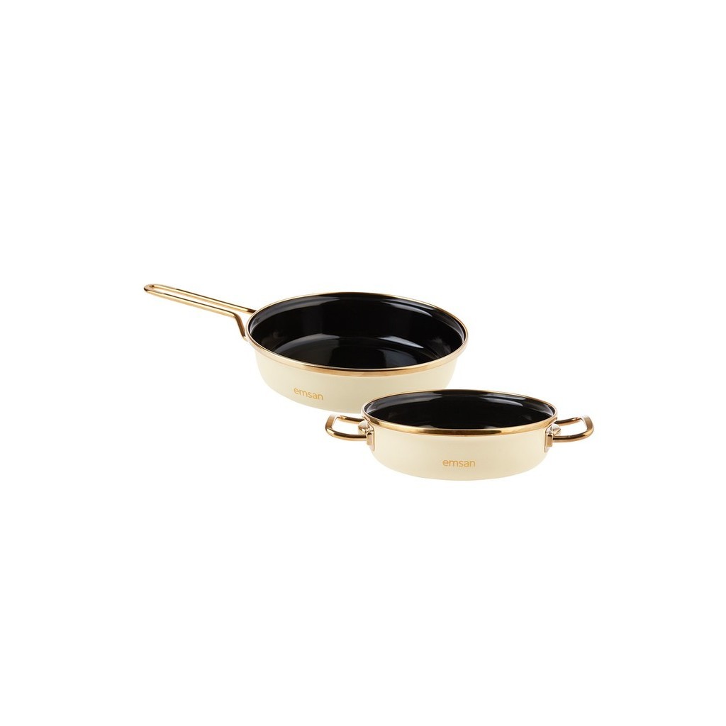 ☄Nostalgia Enamel Beige Pan Sahan Set Titanium Handle Enamel Stylish ...