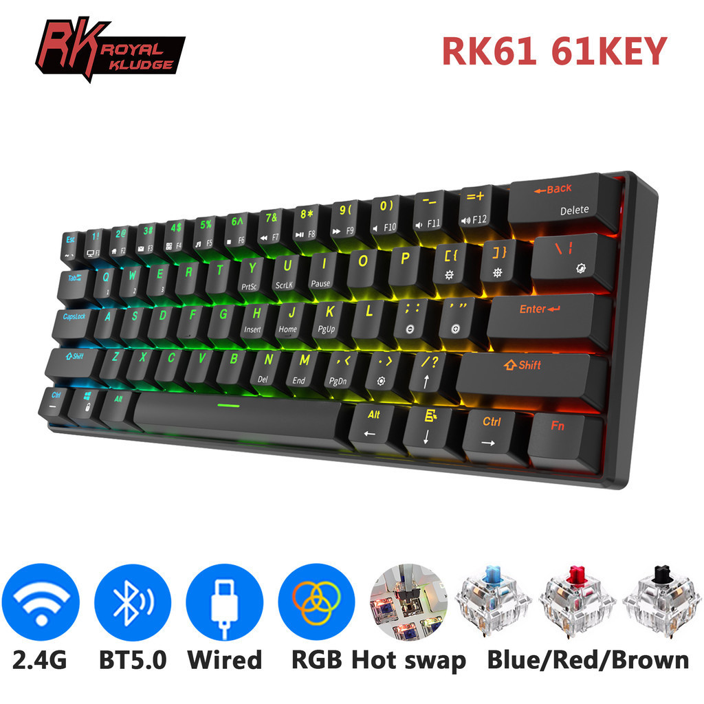 ~RK ROYAL KLUDGE RK61 Tri-mode BT5.0/2.4G/USB Mechanical Keyboard 60% ...