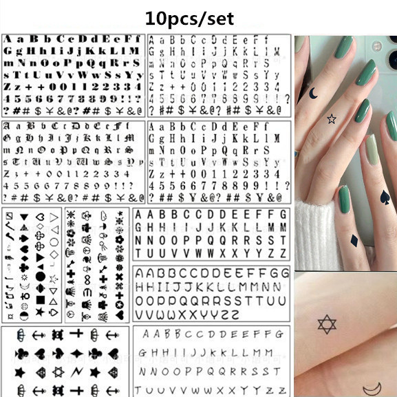 10 Sheets Alphabet Temporary Tattoo Stickers Black English Cross Crown ...
