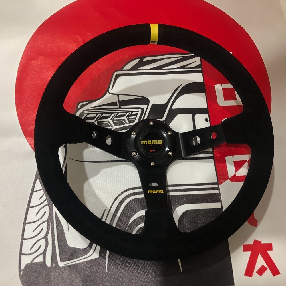 ☽14Inch Deep Dish MOMO Steering Wheel Car Rally Racing Suede Leather JDM MOMO Steering Wheel Vol ...