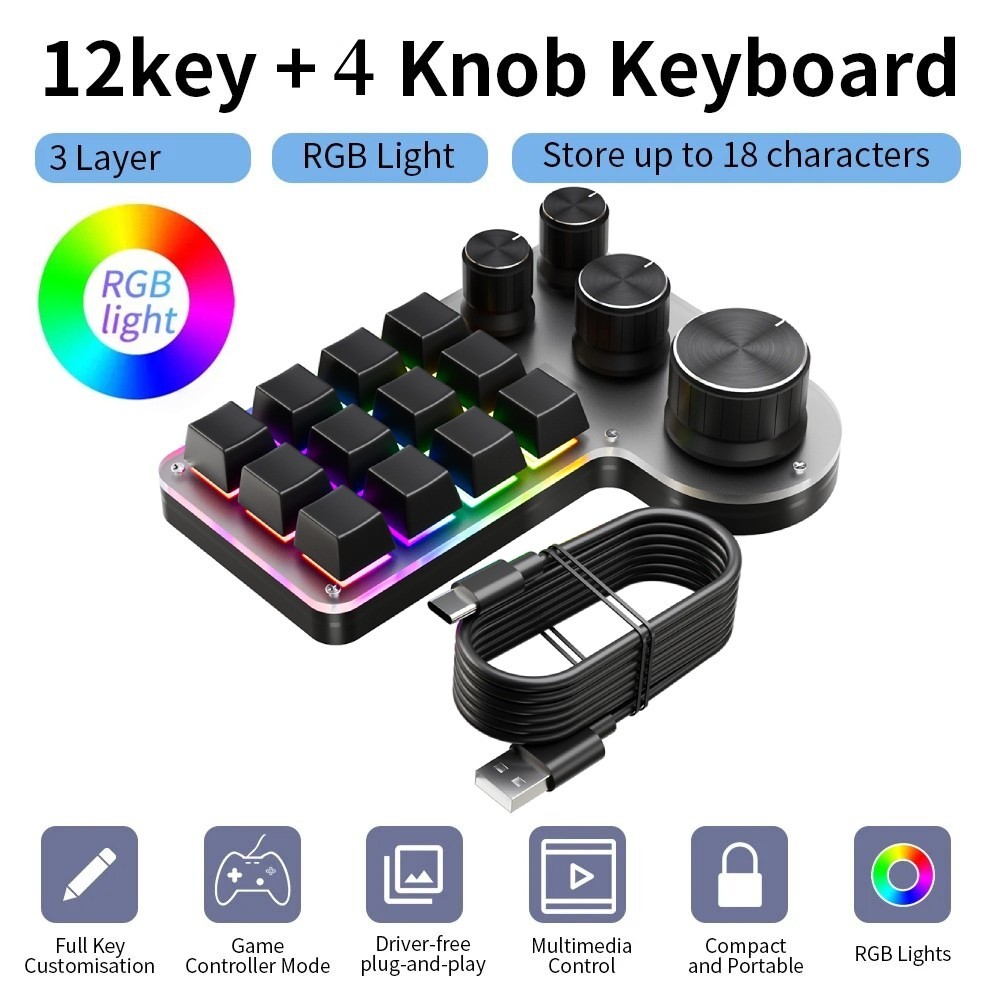 ☇12 Keys 4 Knob USB Custom Programmable DIY Mechanical Keyboard RGB Copy Paste Photoshop Drawin ...