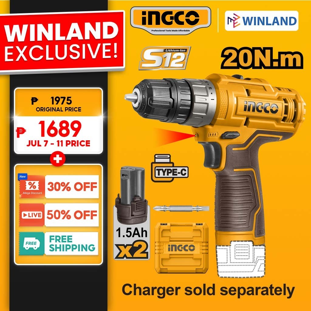 Ingco by Winland Lithium-Ion Cordless Drill 12V with USB type-C ...