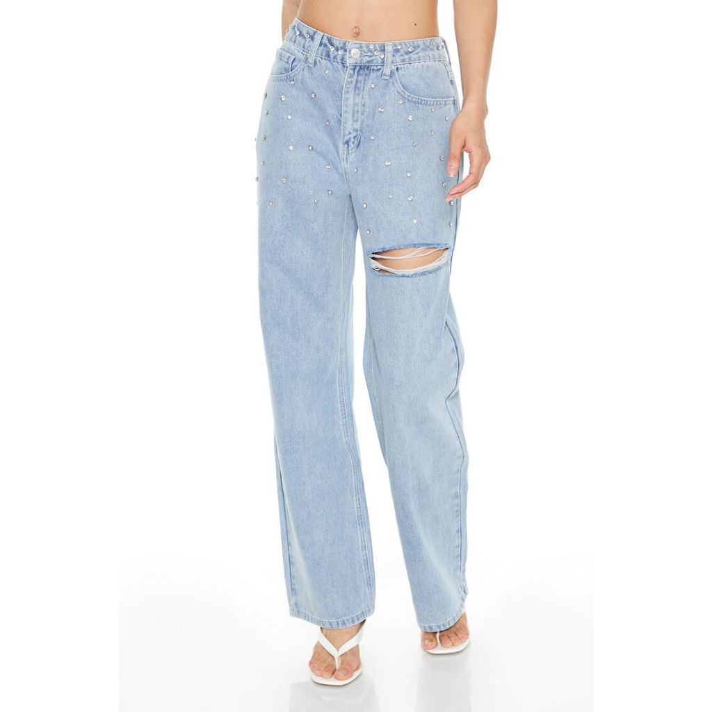 Forever 21 Women's Distressed Rhinestone Jeans | Shopee Philippines