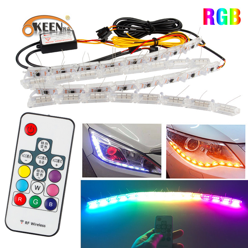 ⚡OKEEN 2x Car RGB DRL LED Daytime Running Lights Amber Switchback LED ...