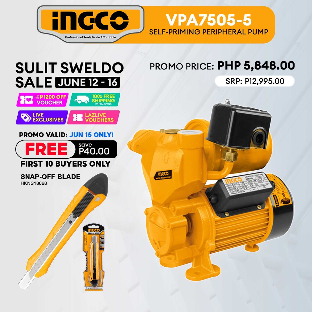 INGCO Self-Priming Peripheral Pump 1HP 750W VPA7505-5 IPT | Shopee ...