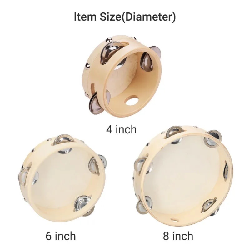 New 4/6/8inch Tambourine Orff Sheepskin Drum Wood Tambour Panderos Bell ...