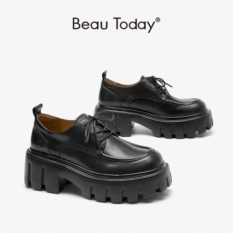 Beau Today Derby Shoes For Women Cow Leather Lace-Up With Round Toe ...