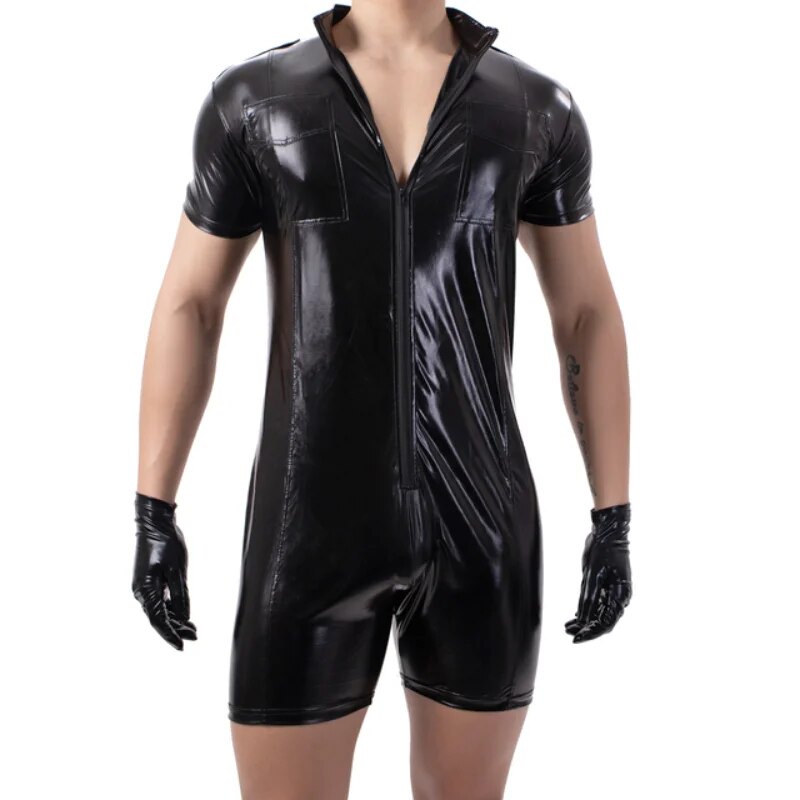 24j Black Pu Leather Male Sexy Bodysuit Faux Latex Gays Men Erotic