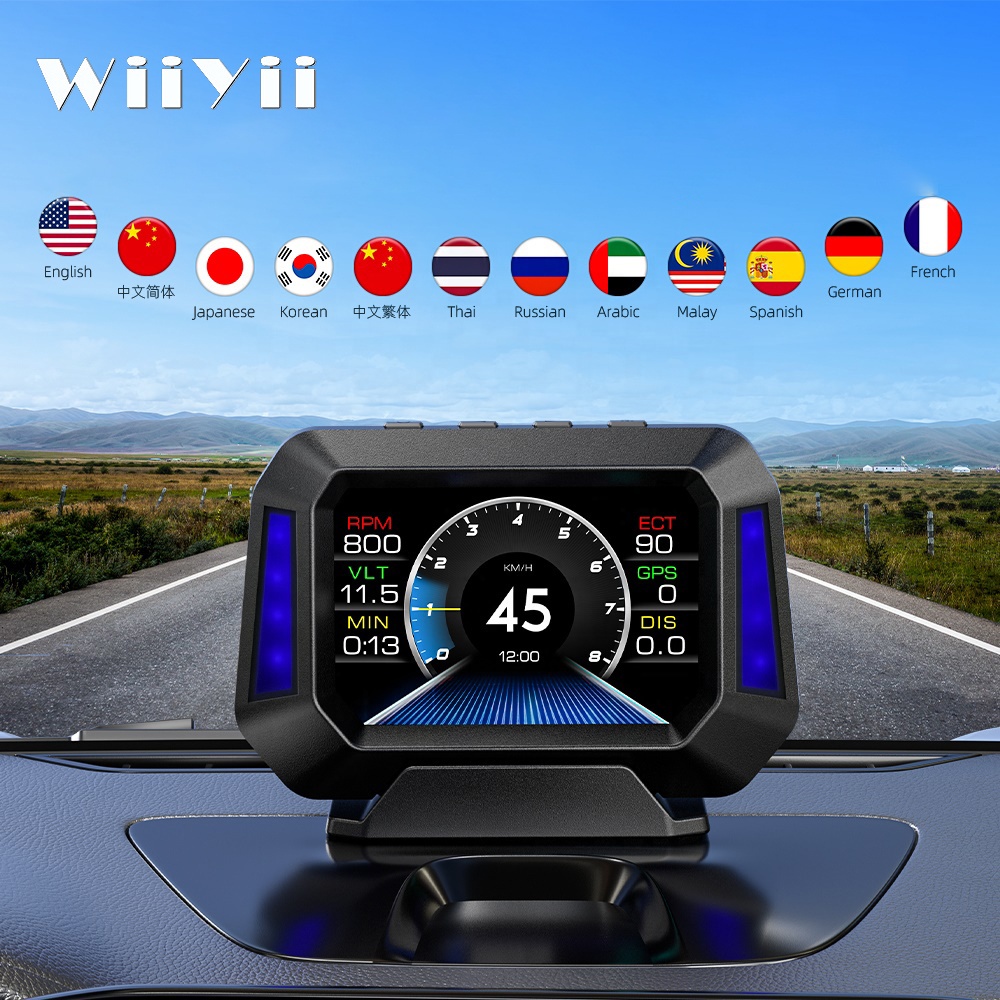 TFT LCD Universal P21 Multi-language Slope HUD OBD2 gps Head Up Display ...