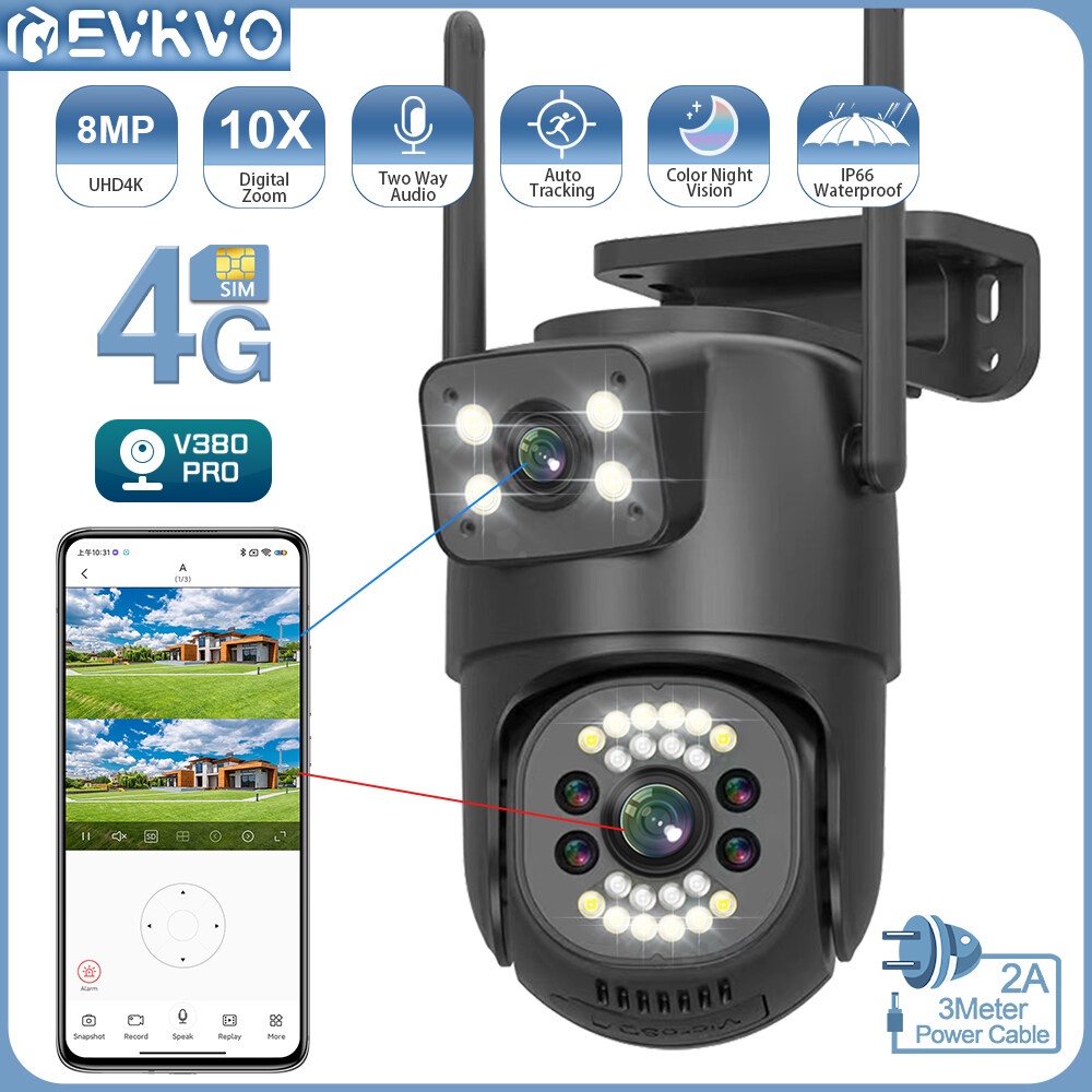EVKVO 4K 8MP Dual Lens 4G SIM Card IP WiFi Camera Dual Screen AI ...