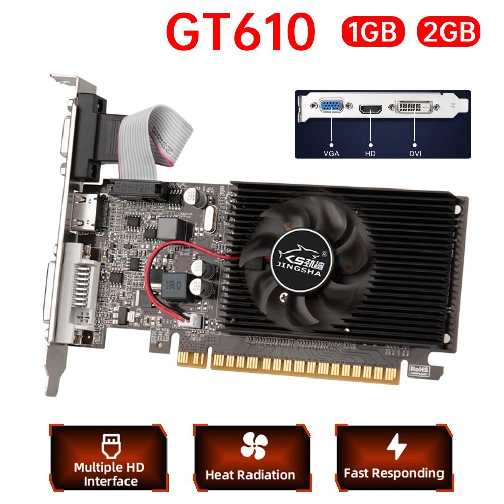 ┱GT610 DDR3 Graphics Video Card HD Interface with VGA+DVI 1GB/2GB ...
