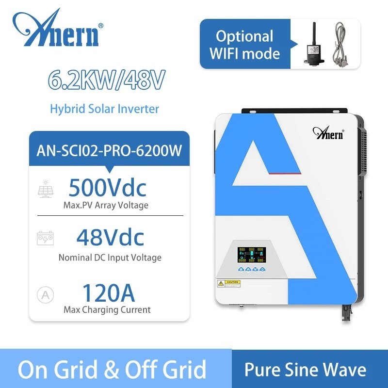 】Anern 6200W 3600W Hybrid Solar Inverter Mppt 24v 48v 220VAC Max PV 500Vdc on Grid Off Grid ...