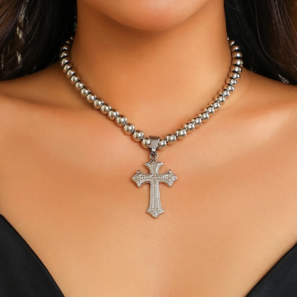 Lacteo Punk Silver Color CCB Beaded Necklace Hip Hop Cross Pendant ...