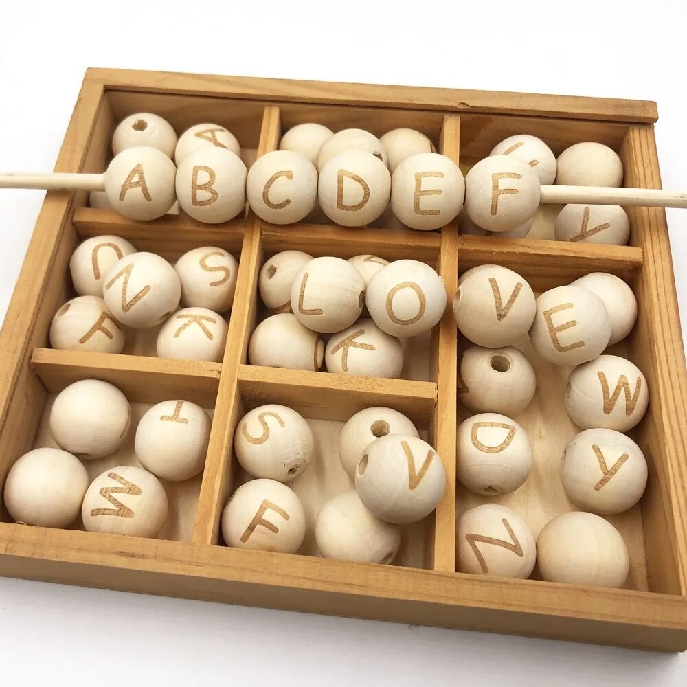 26pcs 18mm Round Beads Alphabet Letter Beech Wooden A-Z Letters Wood ...