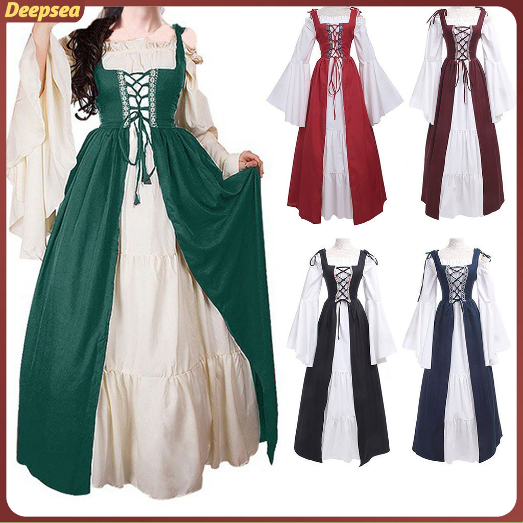 [deepsea] Square Collar Flare Long Sleeve Lace-up Stitching Large Hem ...