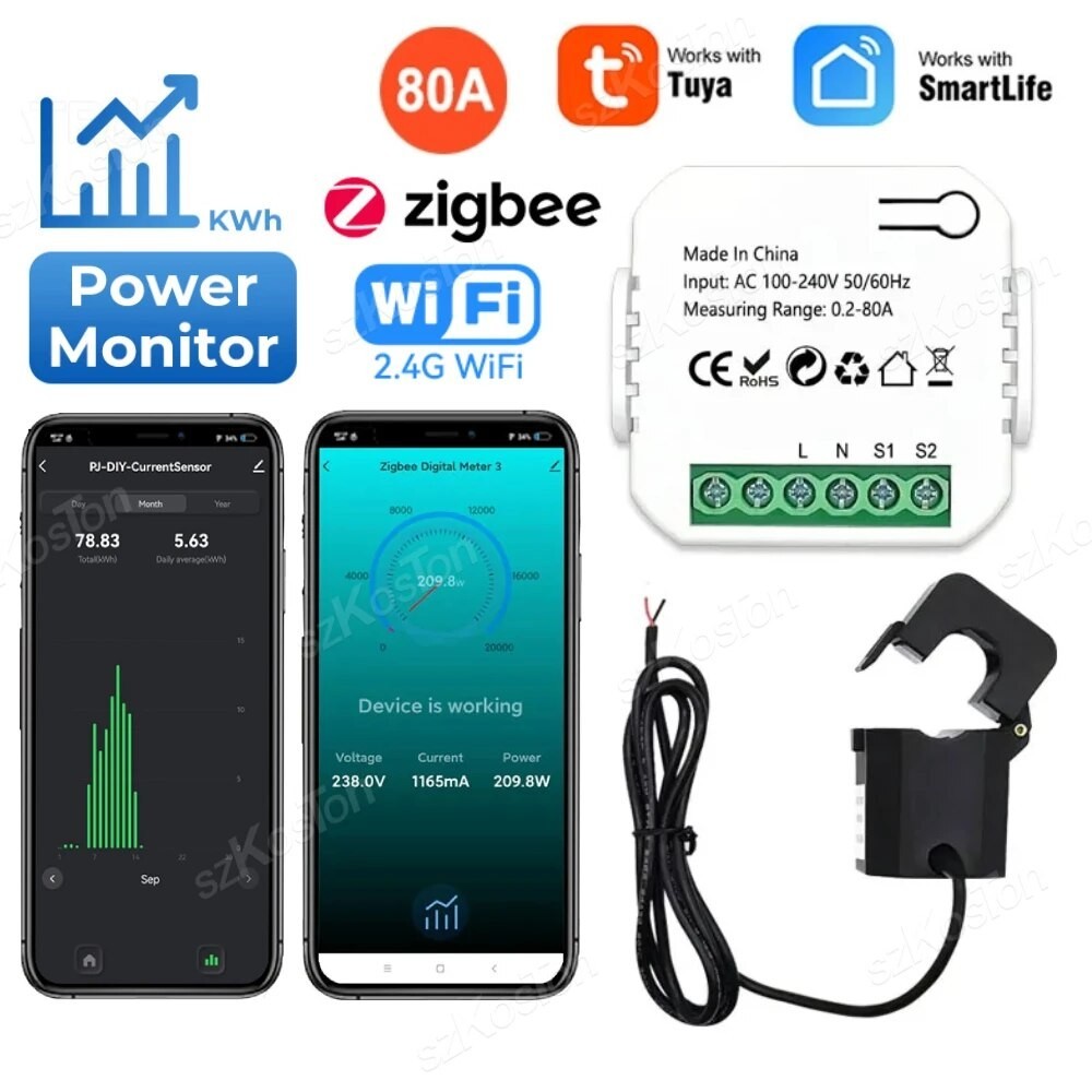 ☽Tuya Smart Home ZigBee WiFi Smart Energy Meter 80A with Current ...