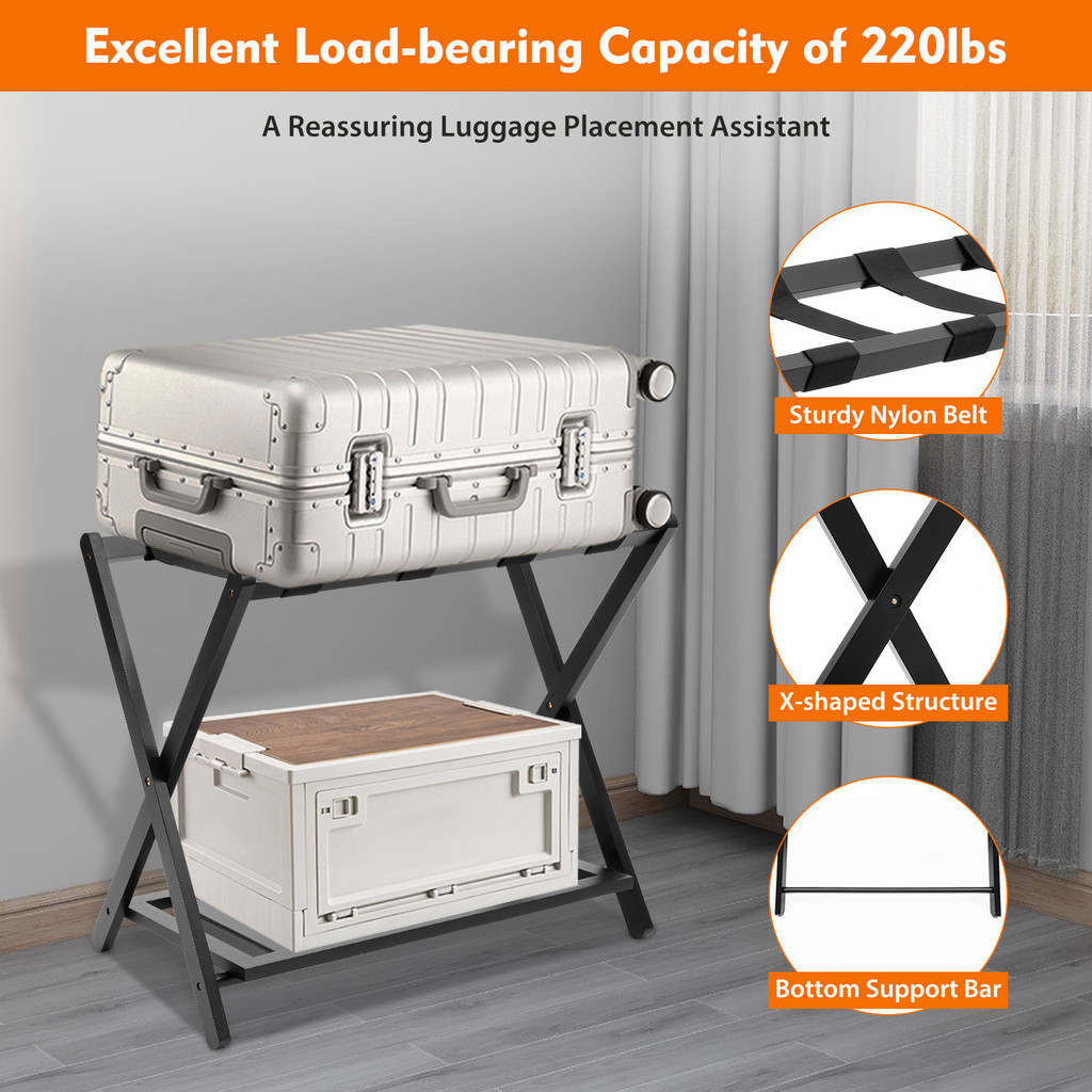 Foldable Luggage Rack w/ Shelf Travel Suitcase Shoe Storage Bamboo ...