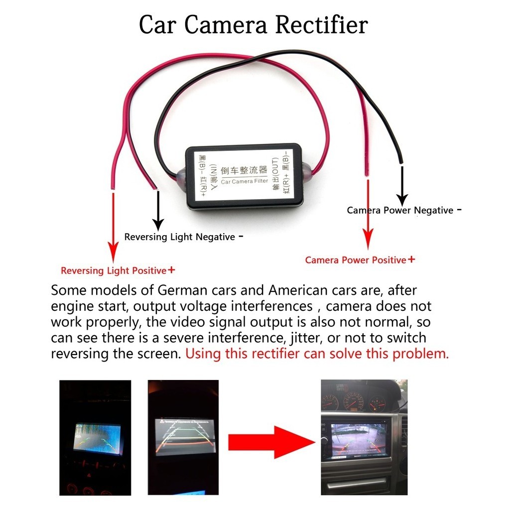 ☁Car Rear View Backup Camera with 12V DC Power Relay Capacitor Filter ...