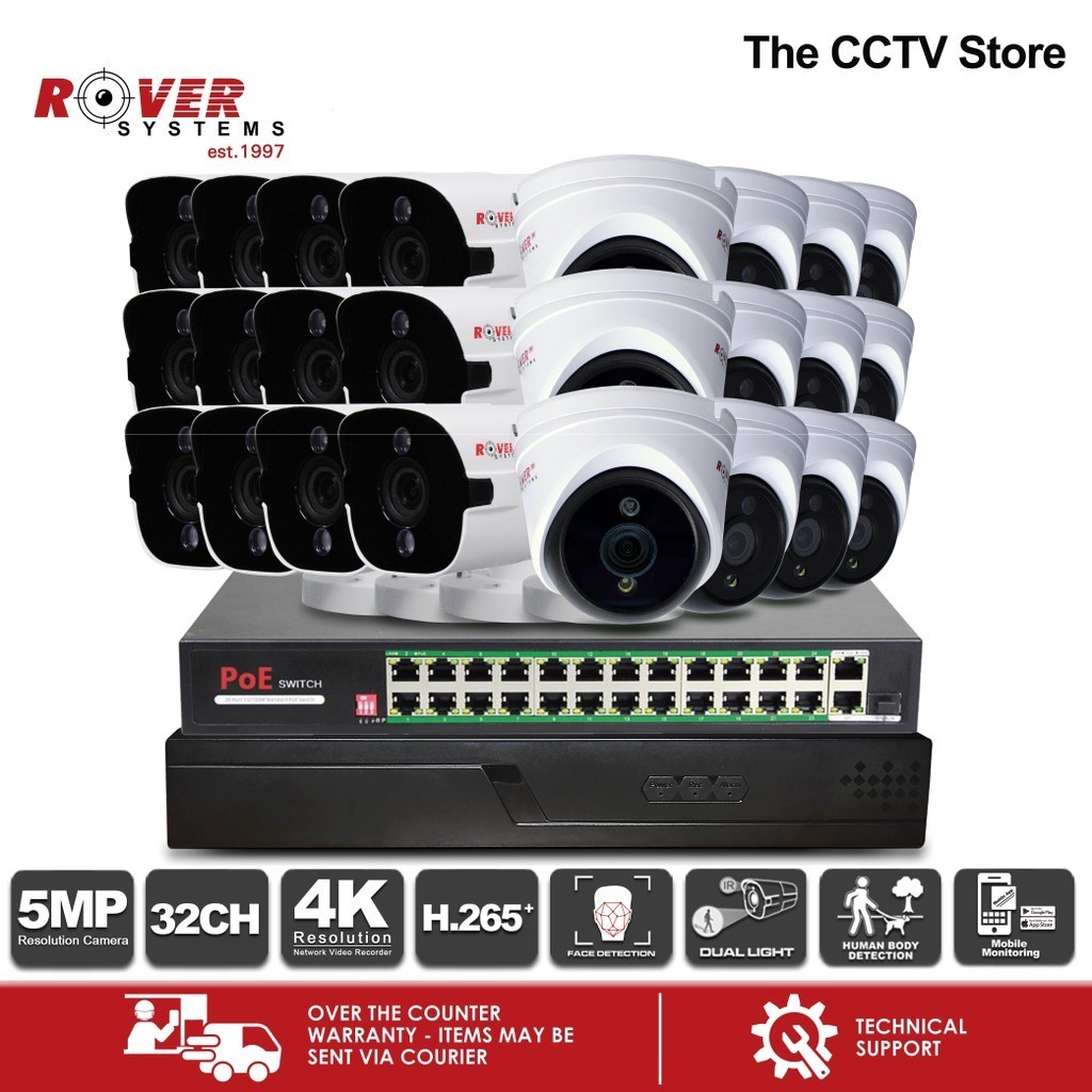 Rover 32CH NVR with PoE Switch + 24 units 5MP PoE Dual Light Dark Light ...