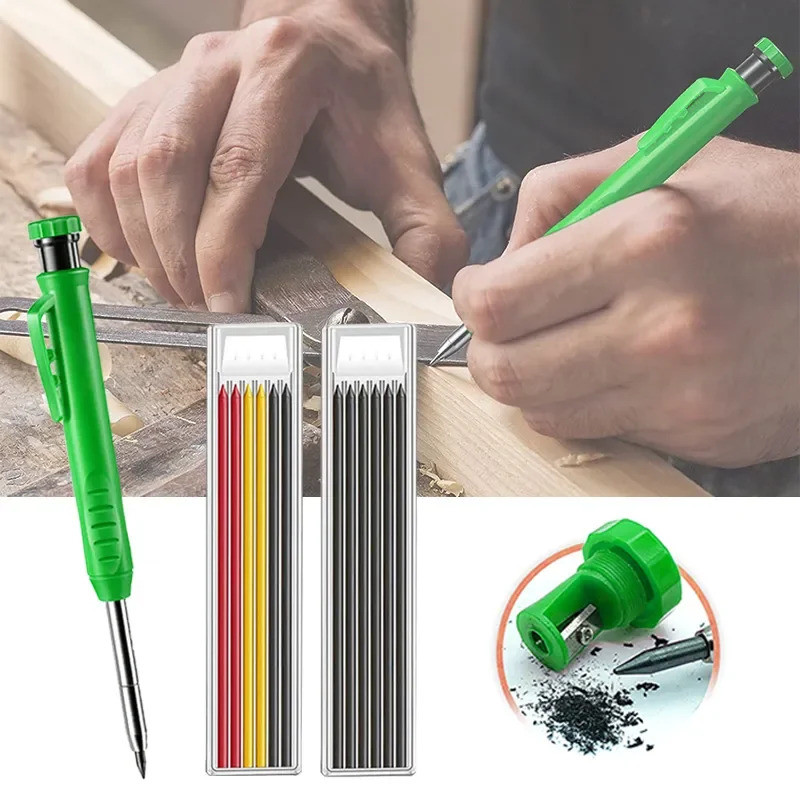 Solid Carpenter Pencil Set Built-in Sharpener with 6 Refill Leads ...