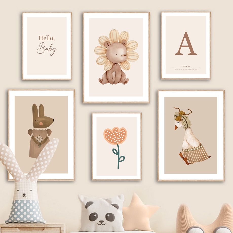 Rabbit Goose Bear Deer Flower Leaf Cartoon Wall Art Canvas Painting ...