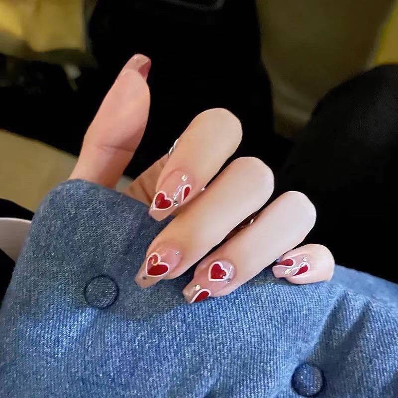 【hot Sale】x6 24pcs Rhinestone Wearable Women Fashion Fake Nails Heart