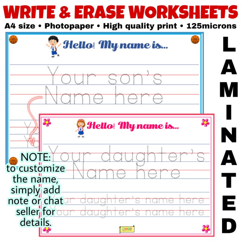 Personalized name tracing worksheet Write&Erase A4 size Laminated ...