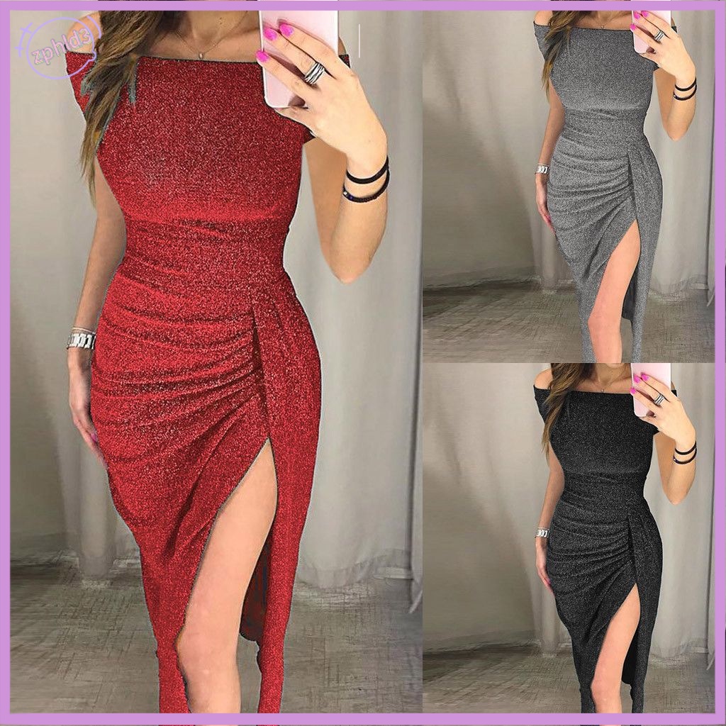 BX9_ Bodycon Dress Off Shoulder Shiny Spring Autumn Slash Neck ...