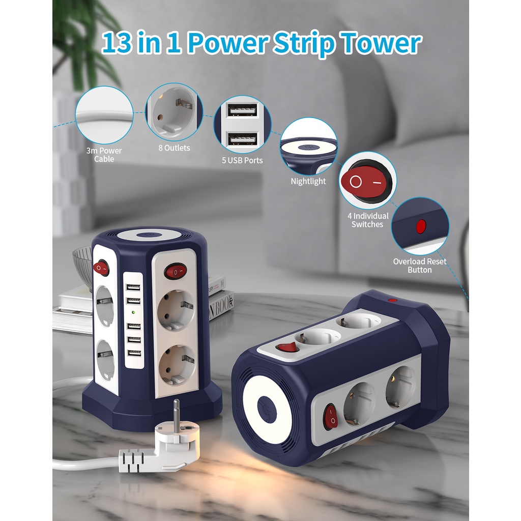LY Eu Multi-Socket Surge Protector 10A, 8-Gang Multi-Socket Power Strip ...