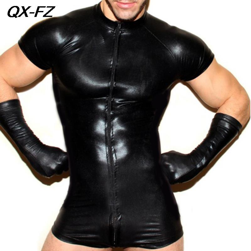 Male Exotic Sexy Faux Leather Bodysuit Front Zipper PVC Latex Teddies ...