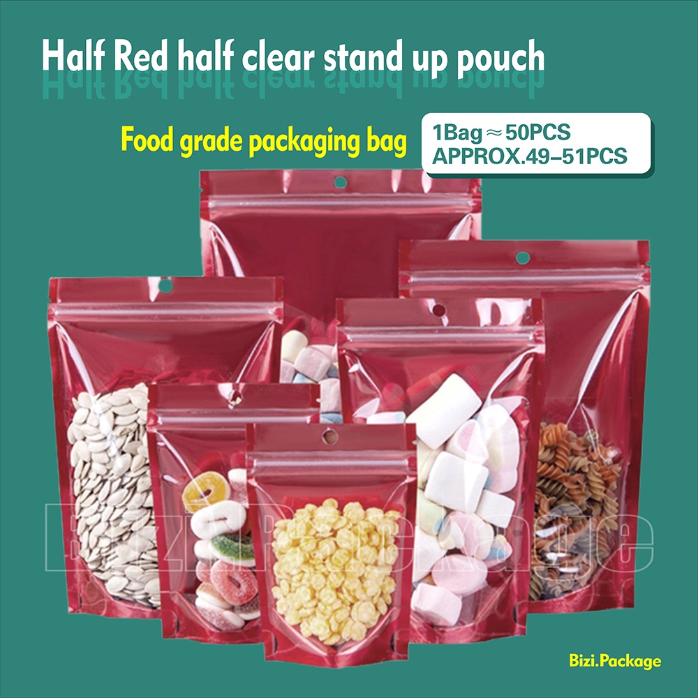50PCS Half Red Aluminum Half Clear Stand Up Pouch with Zip Lock ...