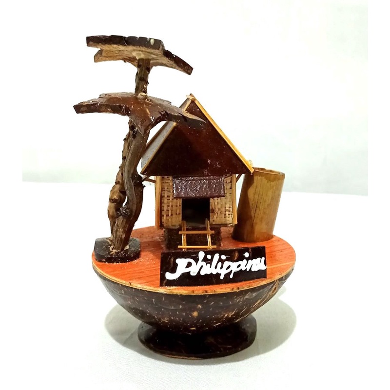 Bahay Kubo with Tree Figurine Display, Coconut Shell Nipa Hut Home ...