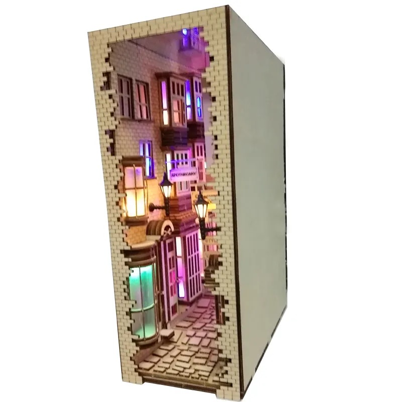 724 DIY KIT Diagon Alley Wooden Book Nook Art Bookends Removable Handmade Book Decoration Cast ...