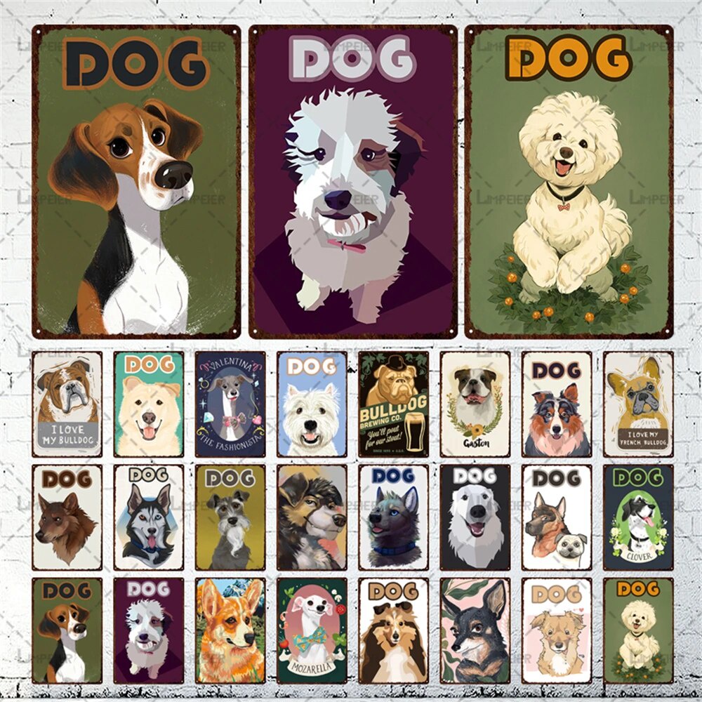 Cartoon Dog Metal Sign Different Breeds of Dogs Metal Wall Stickers ...