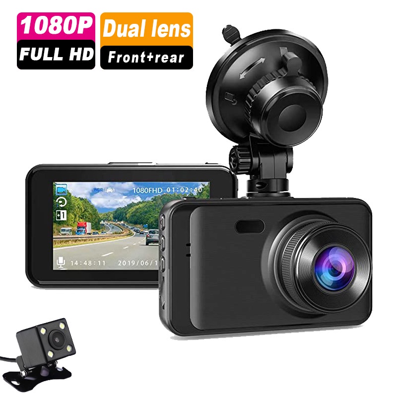3 Inch dual lens front and rear full hd 1080p car camera 2 channel ...