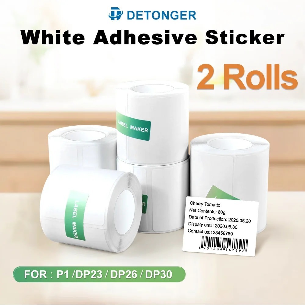 ⓥDETONGER 2 Rolls White Square Self-Adhesive Label for P1/DP23/DP30 Printer Use for Home Office ...