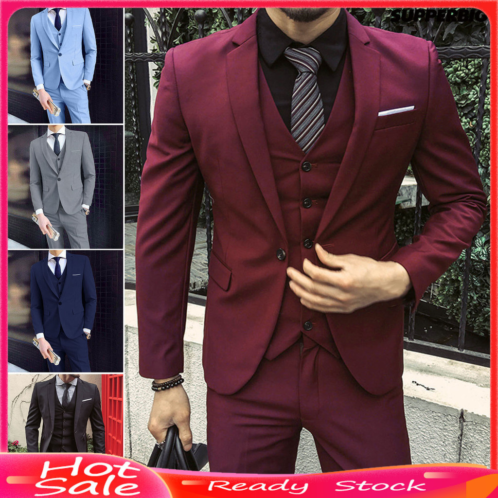 Solid Color Men Suit Men Three-piece Suit Stylish Men's 3-piece Suit ...