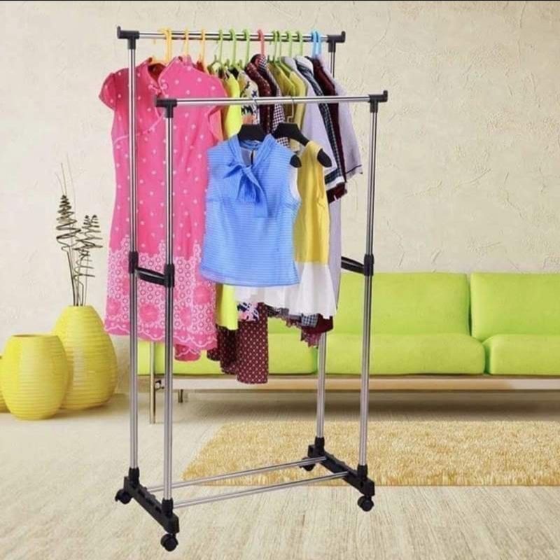 Adjustable Cloth Rack Stand Double Pole with Wheels Shoes Shelf ...