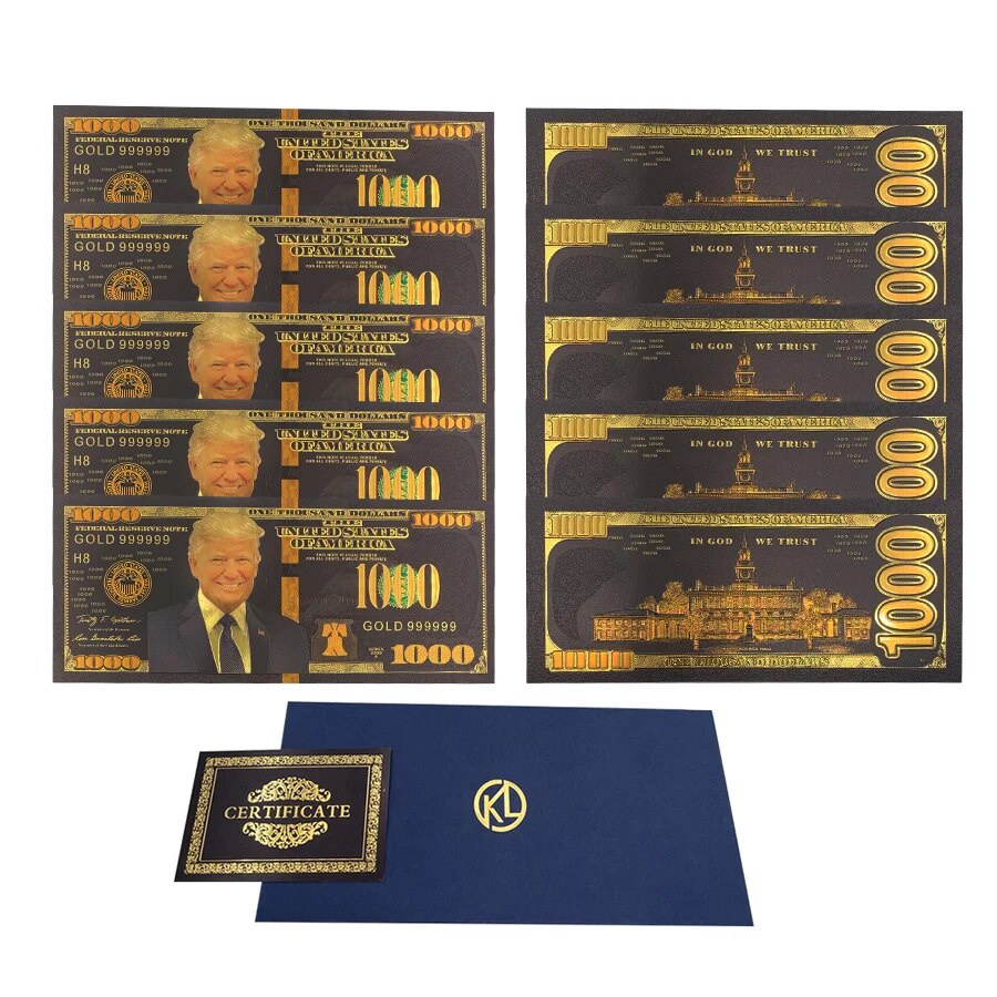 ☆10Pcs Black Gold Foil Banknotes Trump 1000 Dollar Commemorative Bills ...