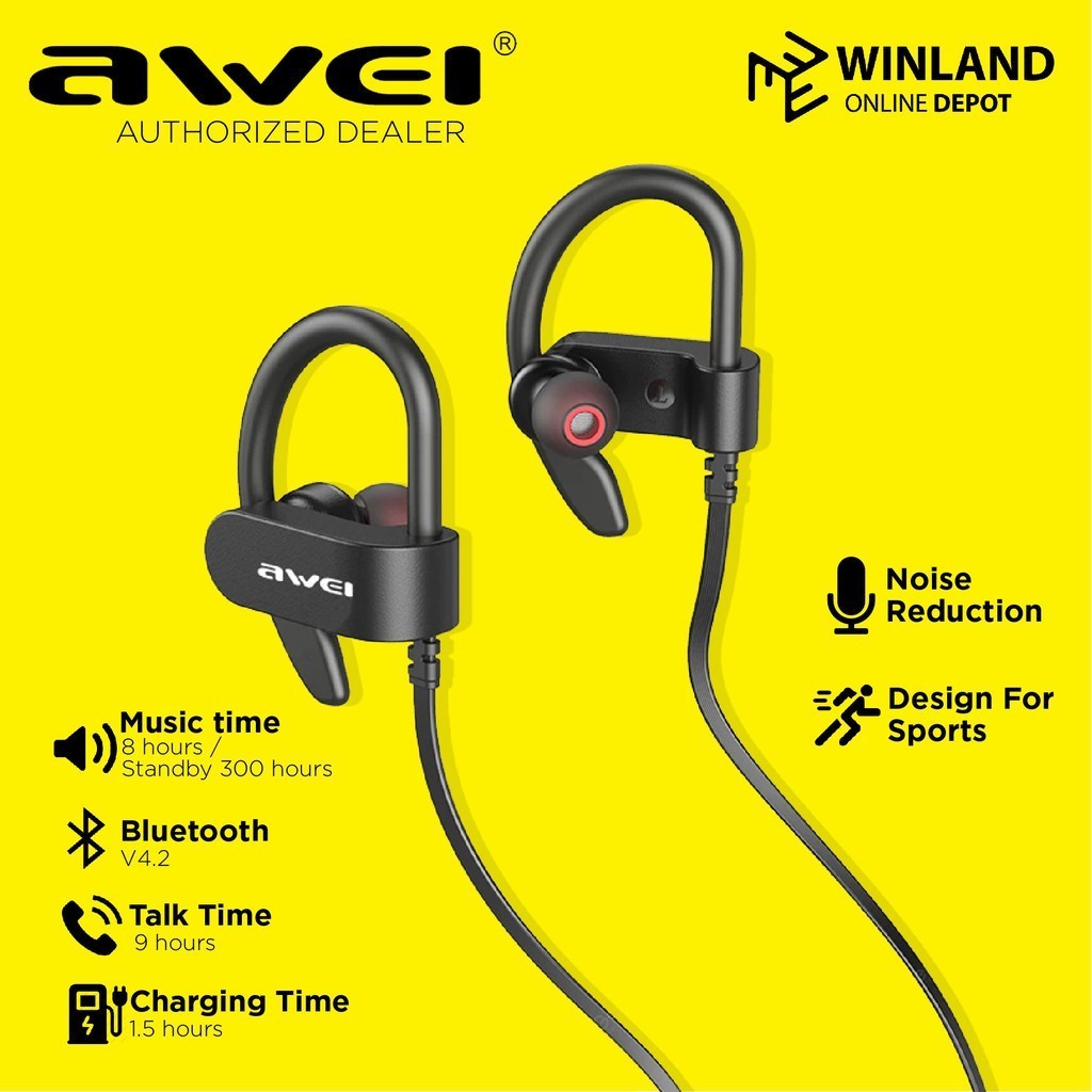 Awei Ear-hook Wireless Sports Bluetooth Waterproof Earphones with Noise ...